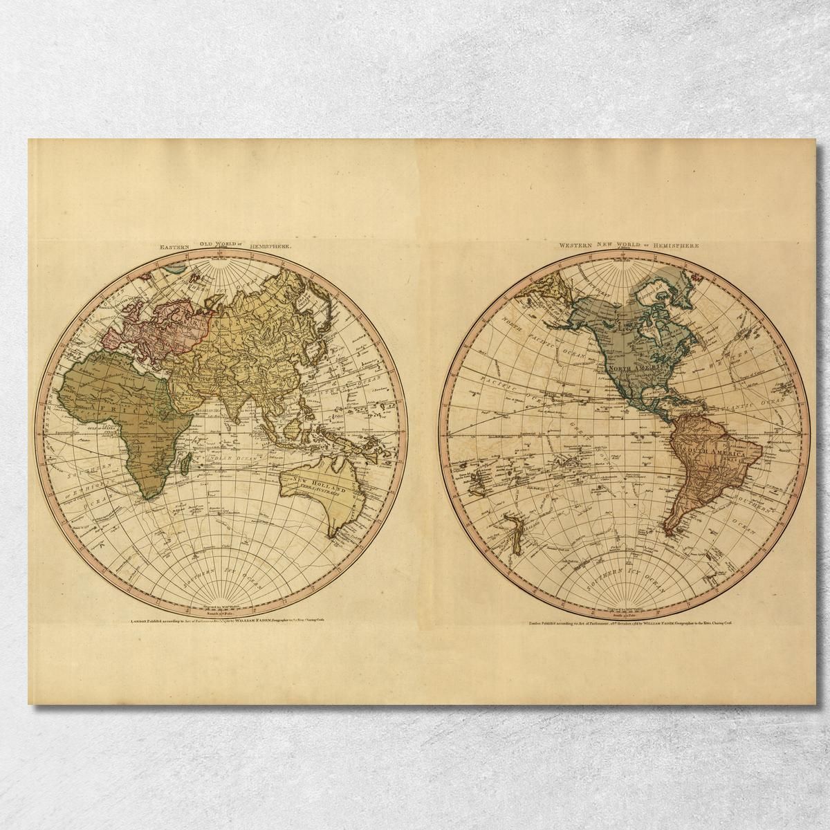 Cuadro Mapa Del Mundo Antiguo Con Dos Hemisferios Y Detalles ...