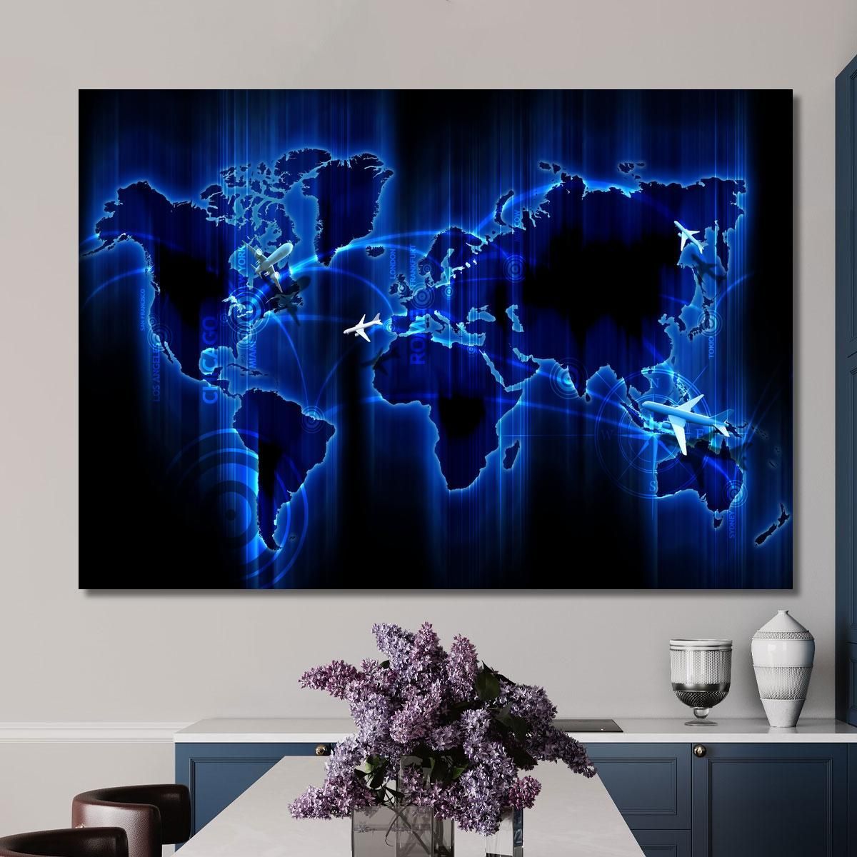 Cuadro Mapa Del Mundo Digital Con Rutas Aéreas En Estilo Futurista ...